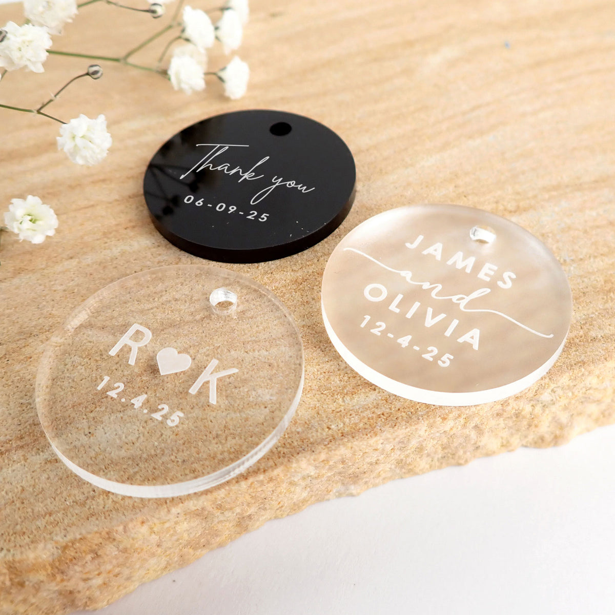 Engraved Acrylic Round Wedding Gift Tags | Personalised Favours