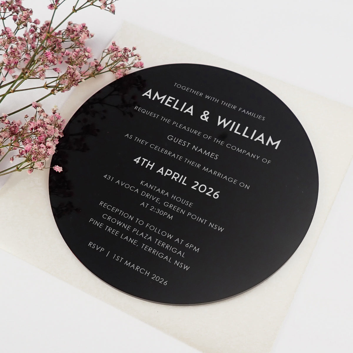 Engraved Round Acrylic Wedding Invitations | Personalised Favours