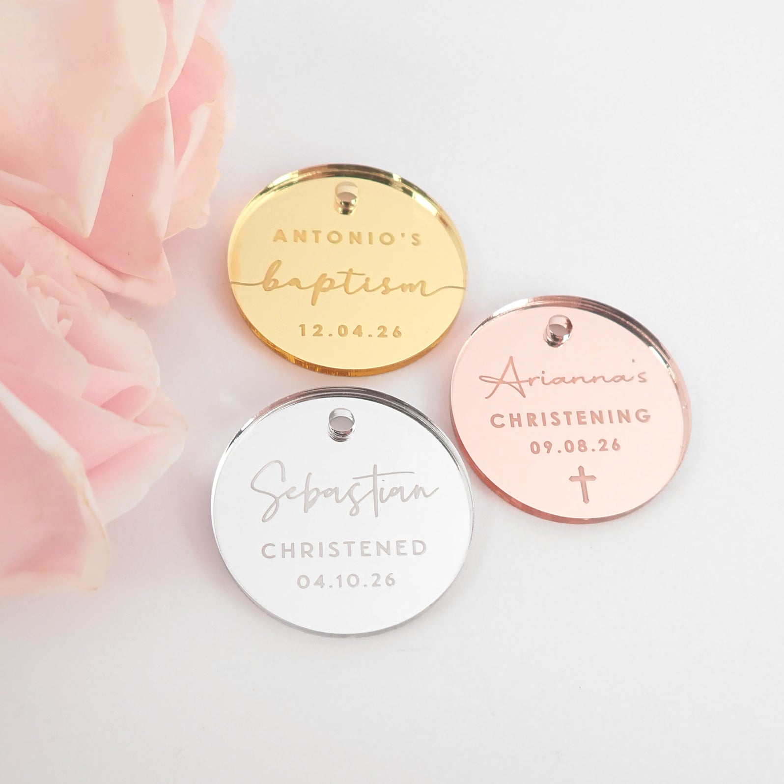 Engraved Acrylic Circle Christening Gift Tags | Personalised Favours