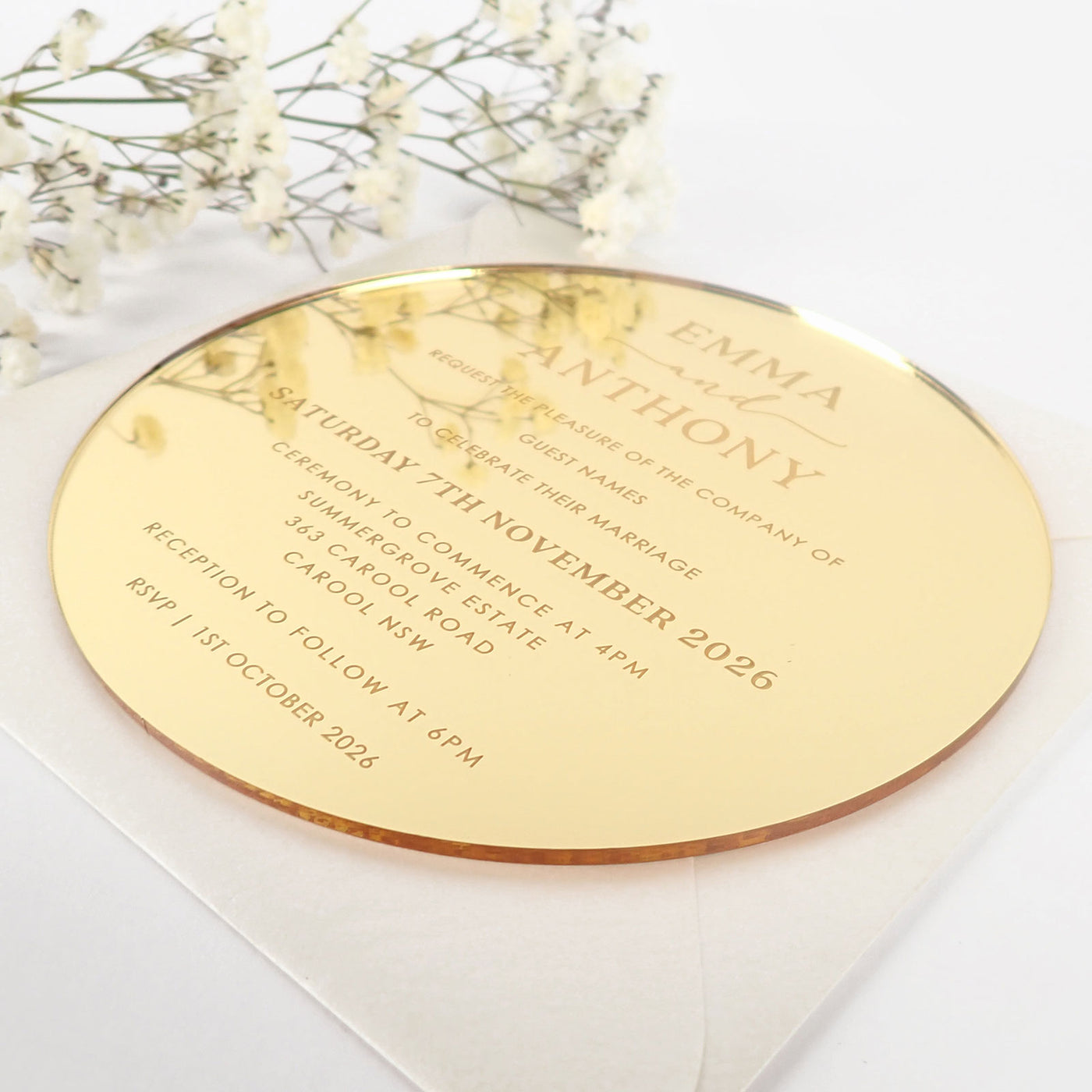 Engraved Round Acrylic Wedding Invitations | Personalised Favours