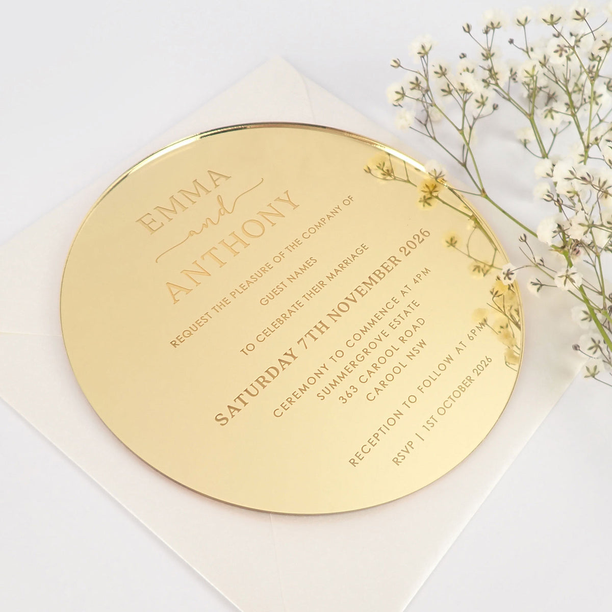 Engraved Round Acrylic Wedding Invitations | Personalised Favours
