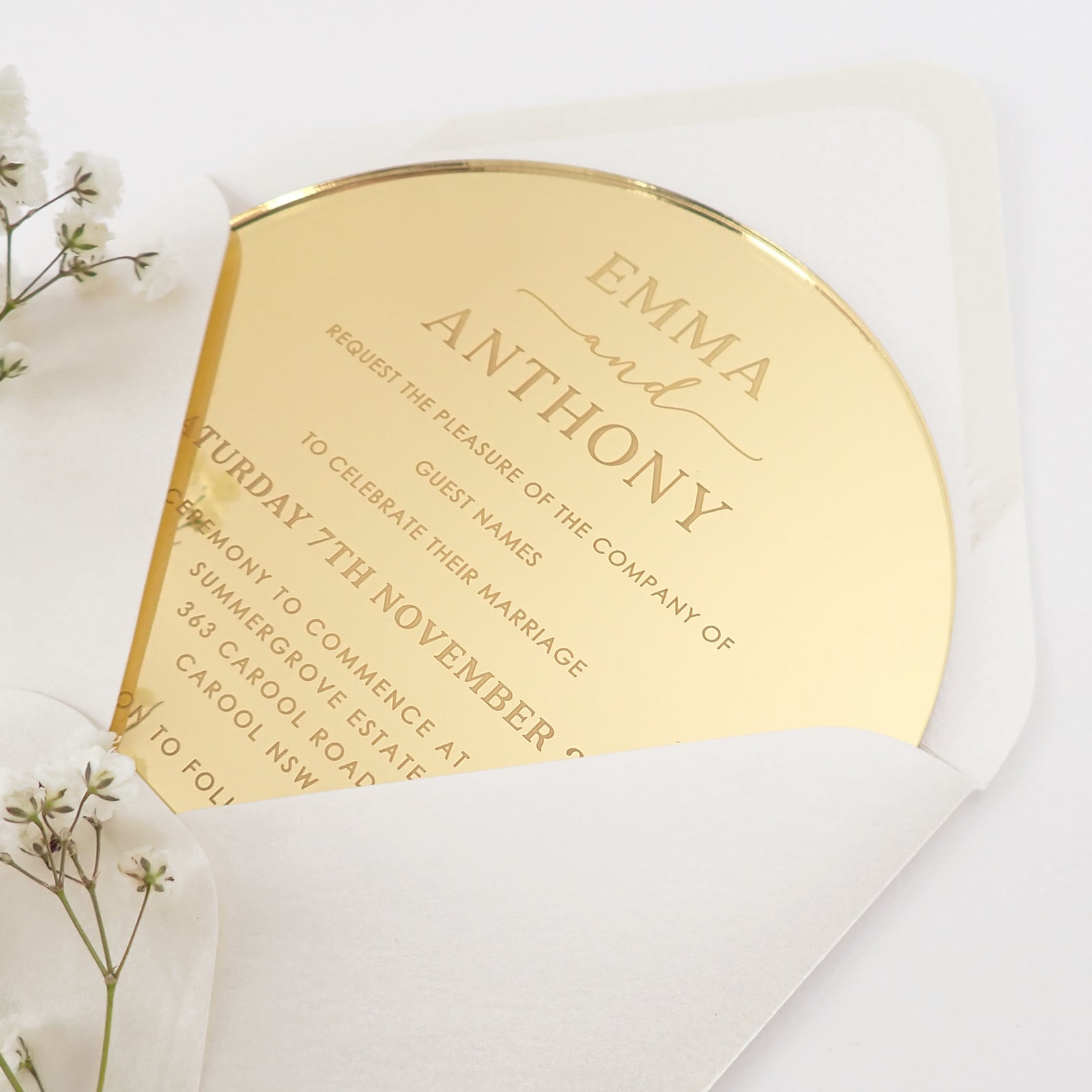 Engraved Round Acrylic Wedding Invitations | Personalised Favours