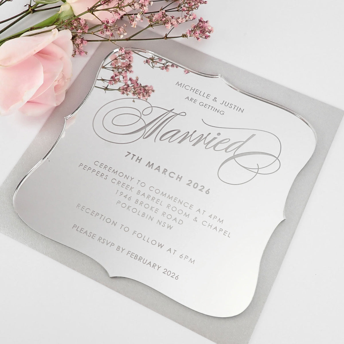 Engraved Gold & Silver Acrylic Wedding Invitations | Personalised Favours