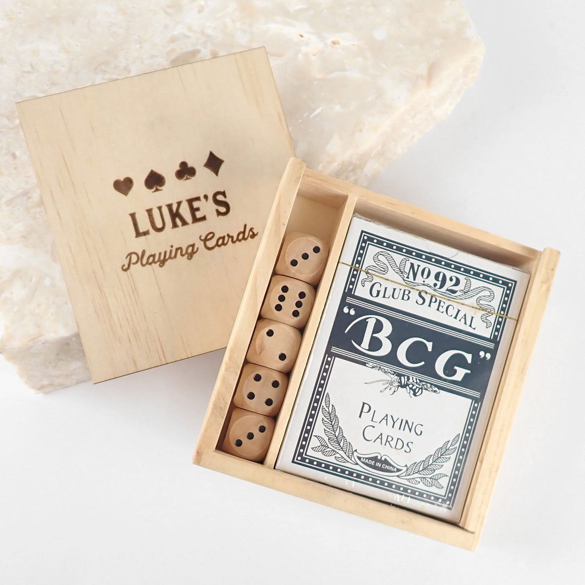 Engraved Wooden Gift Boxed Playing Cards with Dice | Personalised Favours
