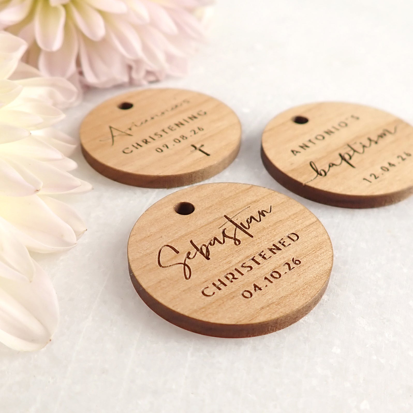 Engraved Wooden Round Christening Gift Tags | Personalised Favours ...
