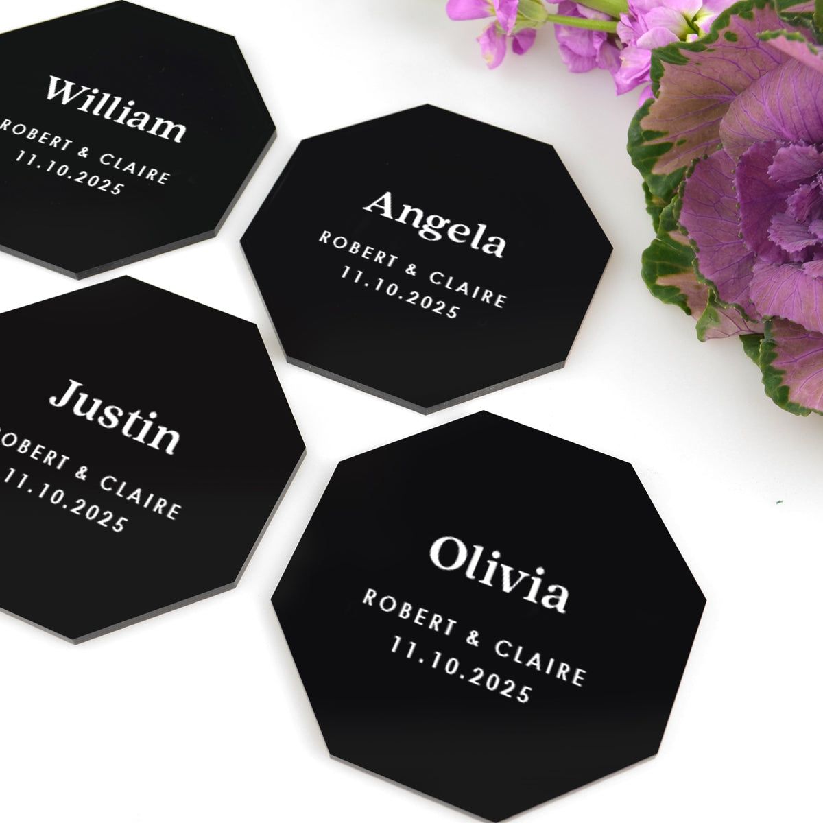 Printed Black Acrylic Octagon Placecards | Personalised Favours