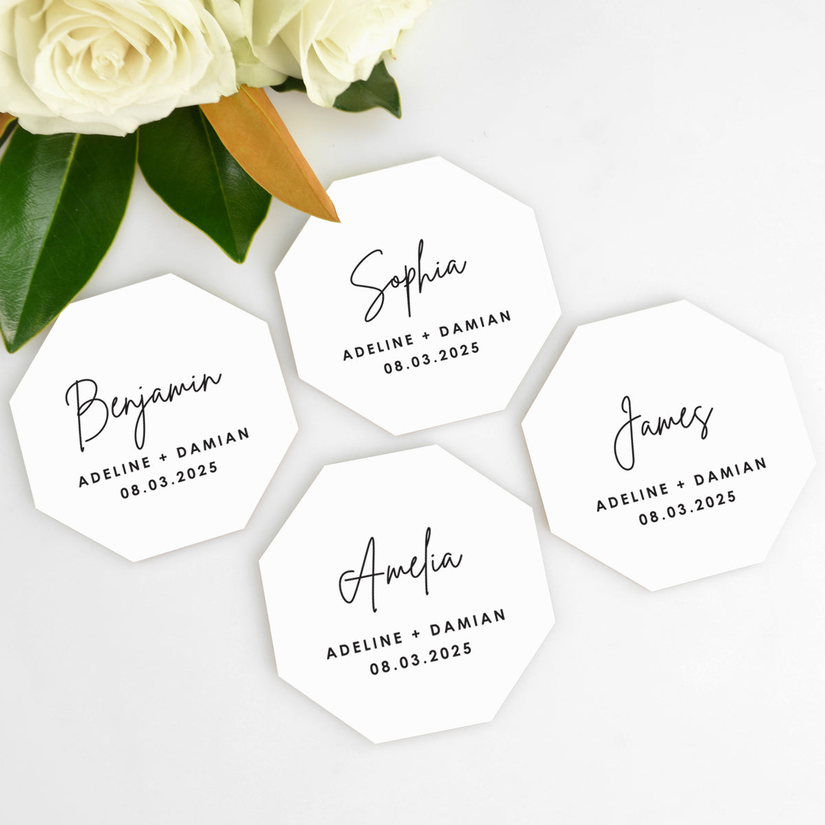 Printed White Acrylic Octagon Placecards | Personalised Favours