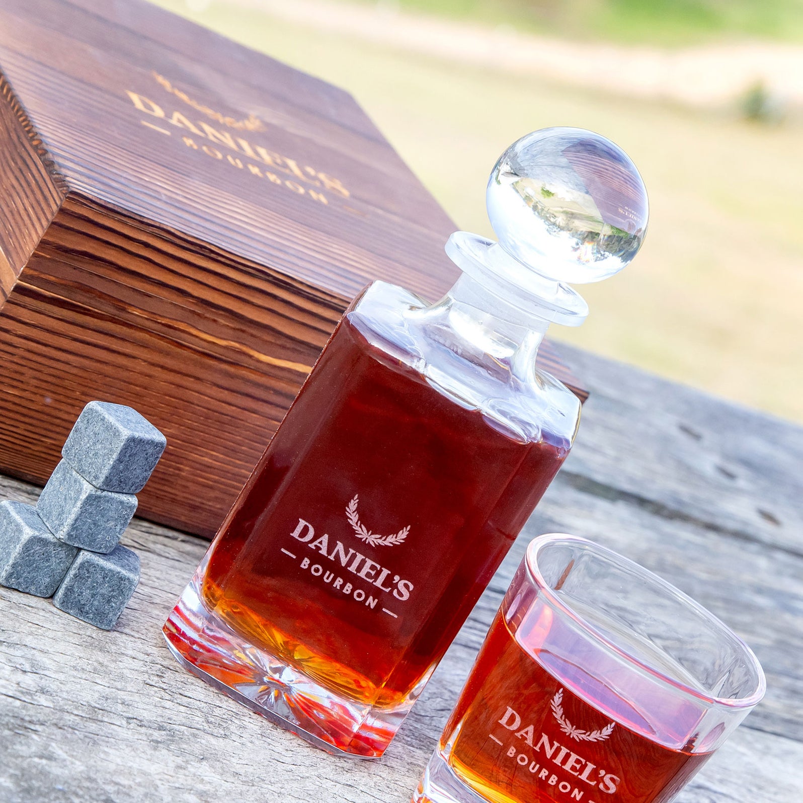 Engraved Rustic Wooden Gift Boxed Decanter Set | Personalised Favours