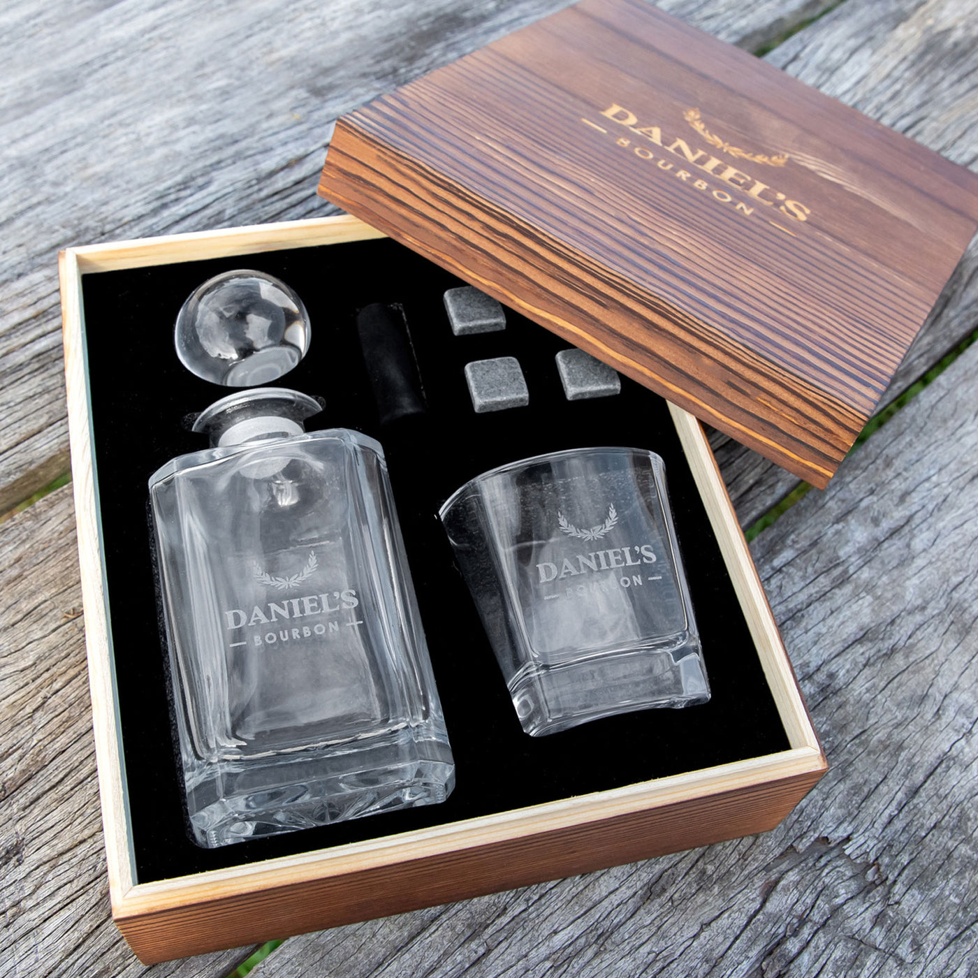 Engraved Rustic Wooden Gift Boxed Decanter Set | Personalised Favours
