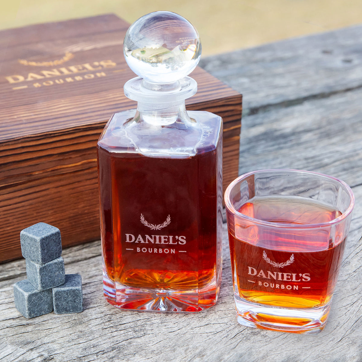 Engraved Rustic Wooden Gift Boxed Decanter Set | Personalised Favours