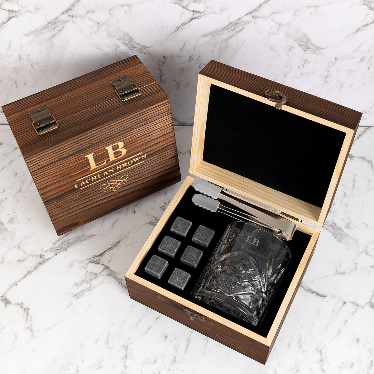 Personalised Rustic Wooden Whiskey Glass Gift Set | Free Delivery
