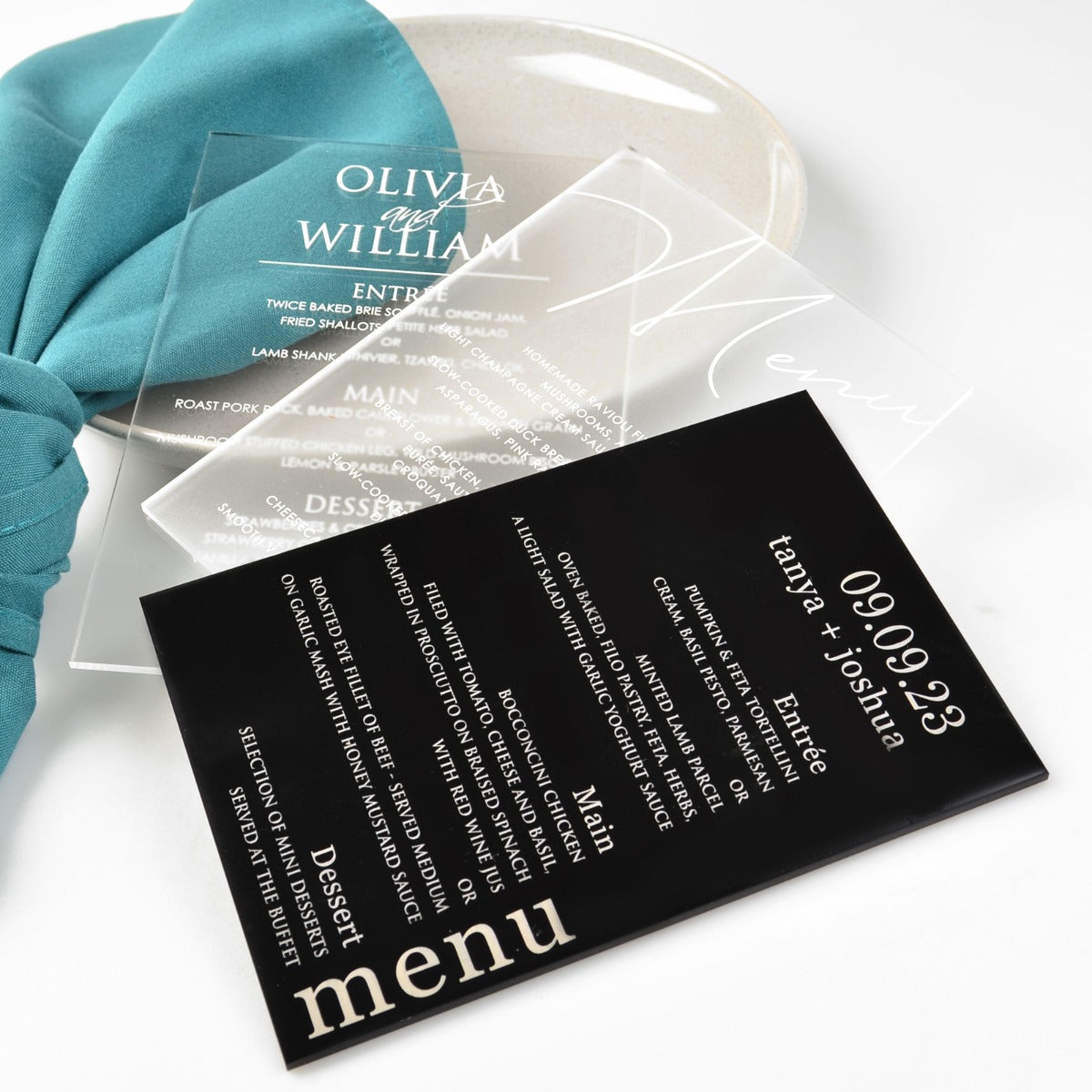 Engraved 5x7 Black, Clear & Frosted Acrylic Wedding Menus ...