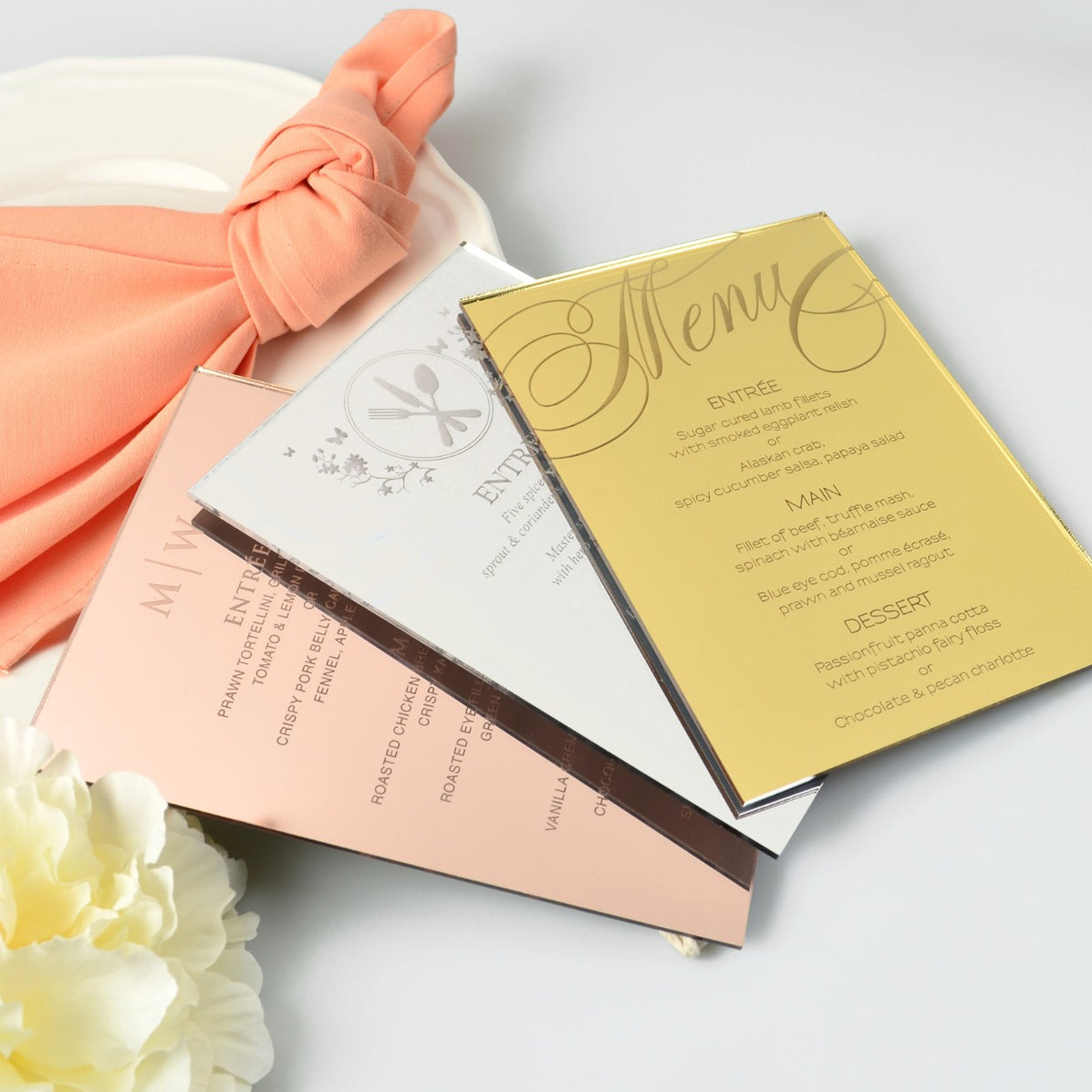Engraved Mirror Acrylic Wedding Menus | Personalised Favours