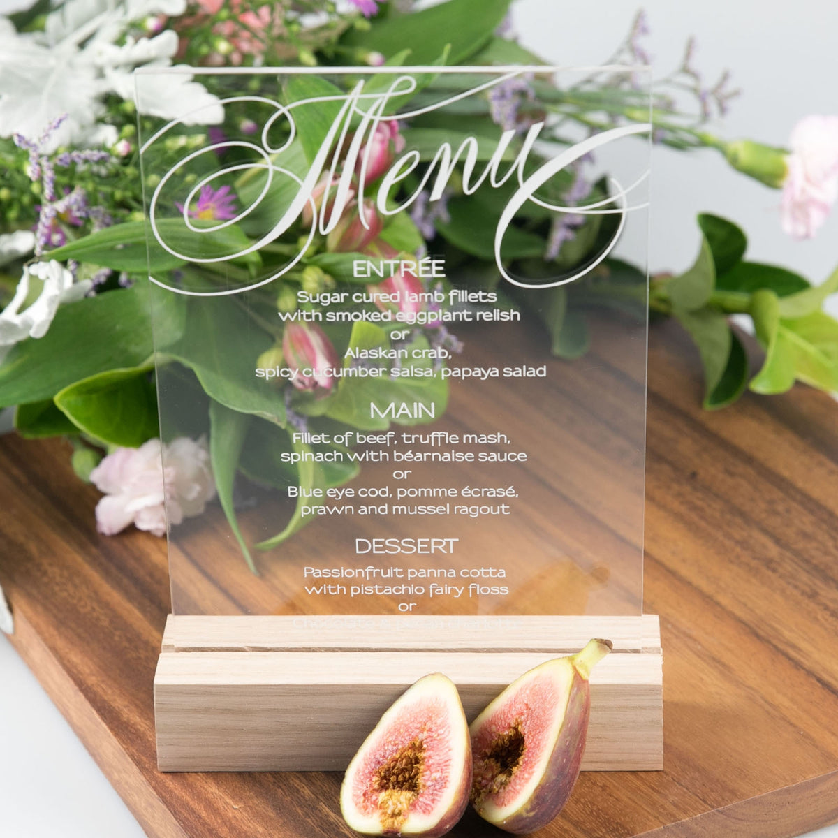 Engraved Clear Acrylic Menu with Wooden Base | Personalised Favours