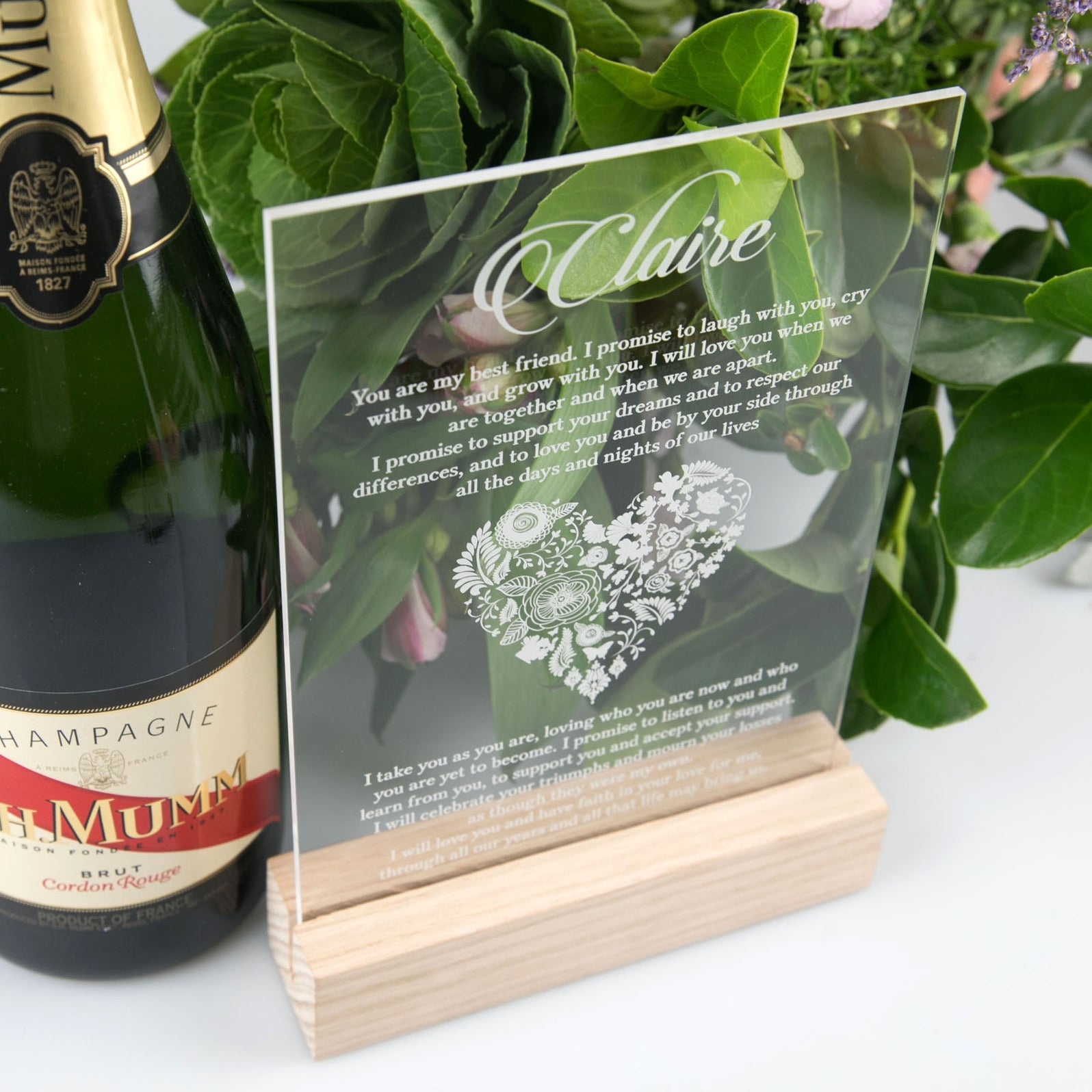 Engraved Acrylic Wedding Vows with Wooden Base | Personalised Favours