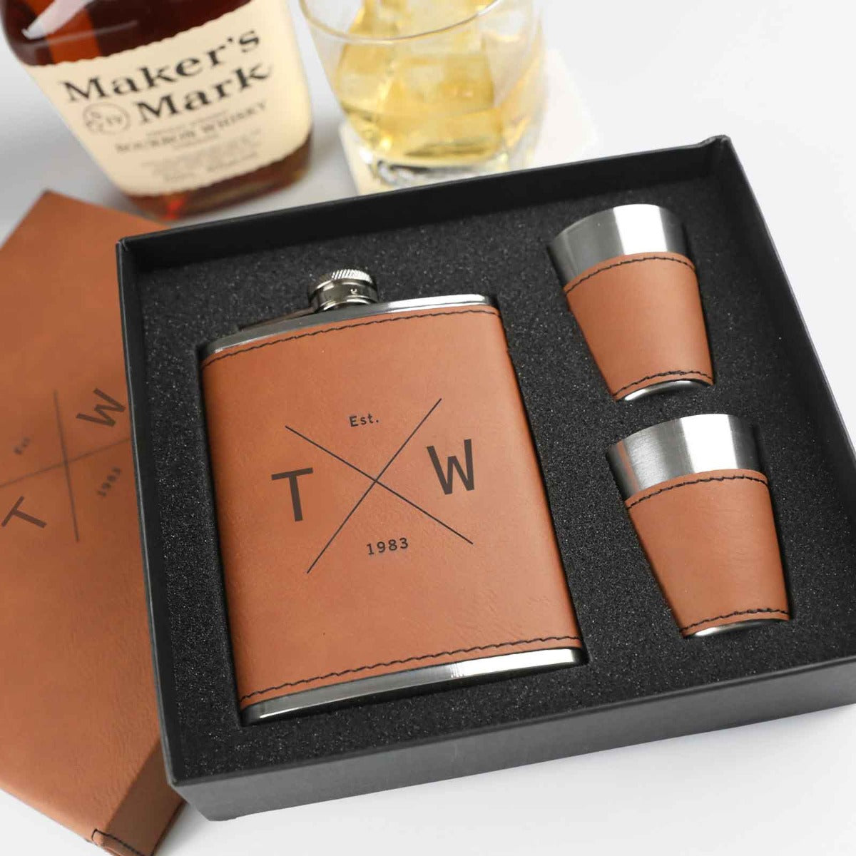 Engraved Birthday Tan Leatherette 8oz Hip Flask Set | Personalised ...