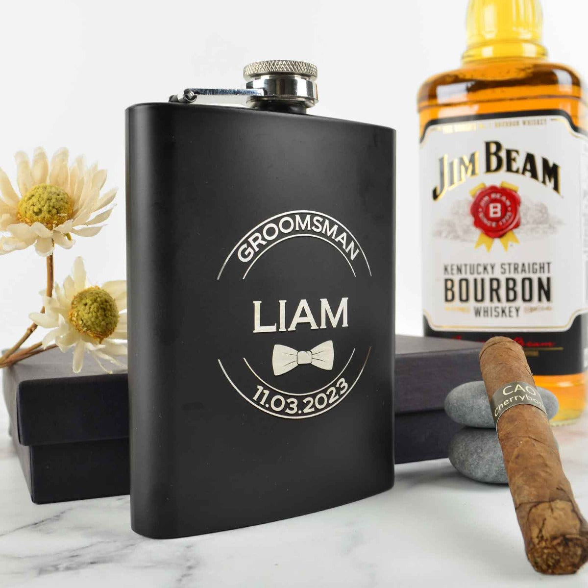 Engraved Bridal Party Hip Flask Black, Black Best Man Custom Hip Flask ...