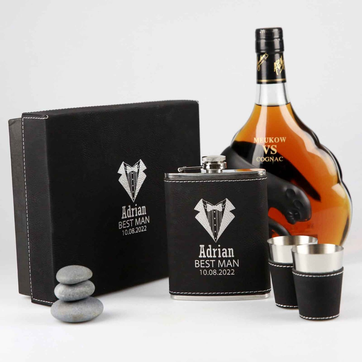 Engraved Black Leatherette Hip Flask Set | Personalised Favours ...