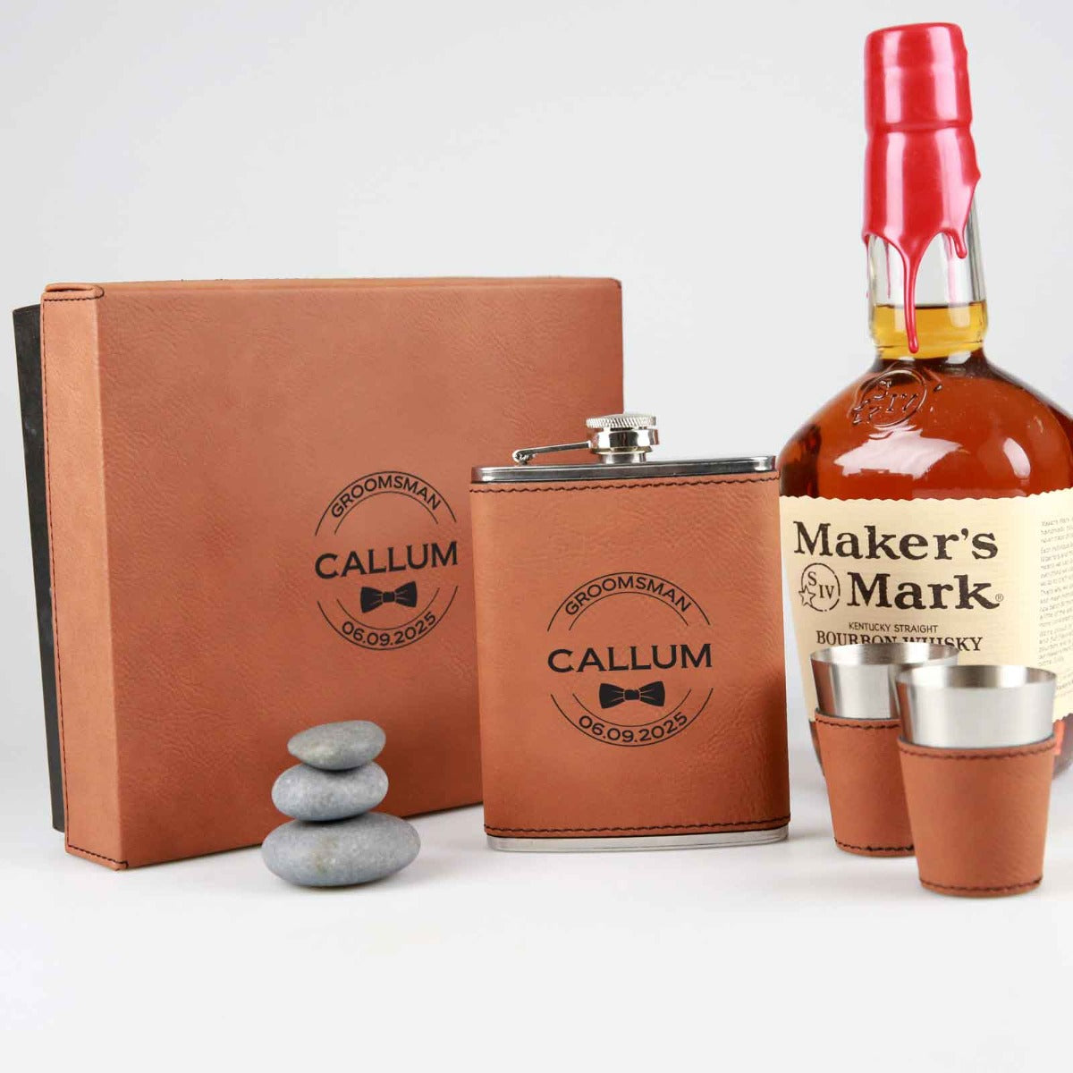 Engraved Tan Leatherette Hip Flask Set | Personalised Favours ...