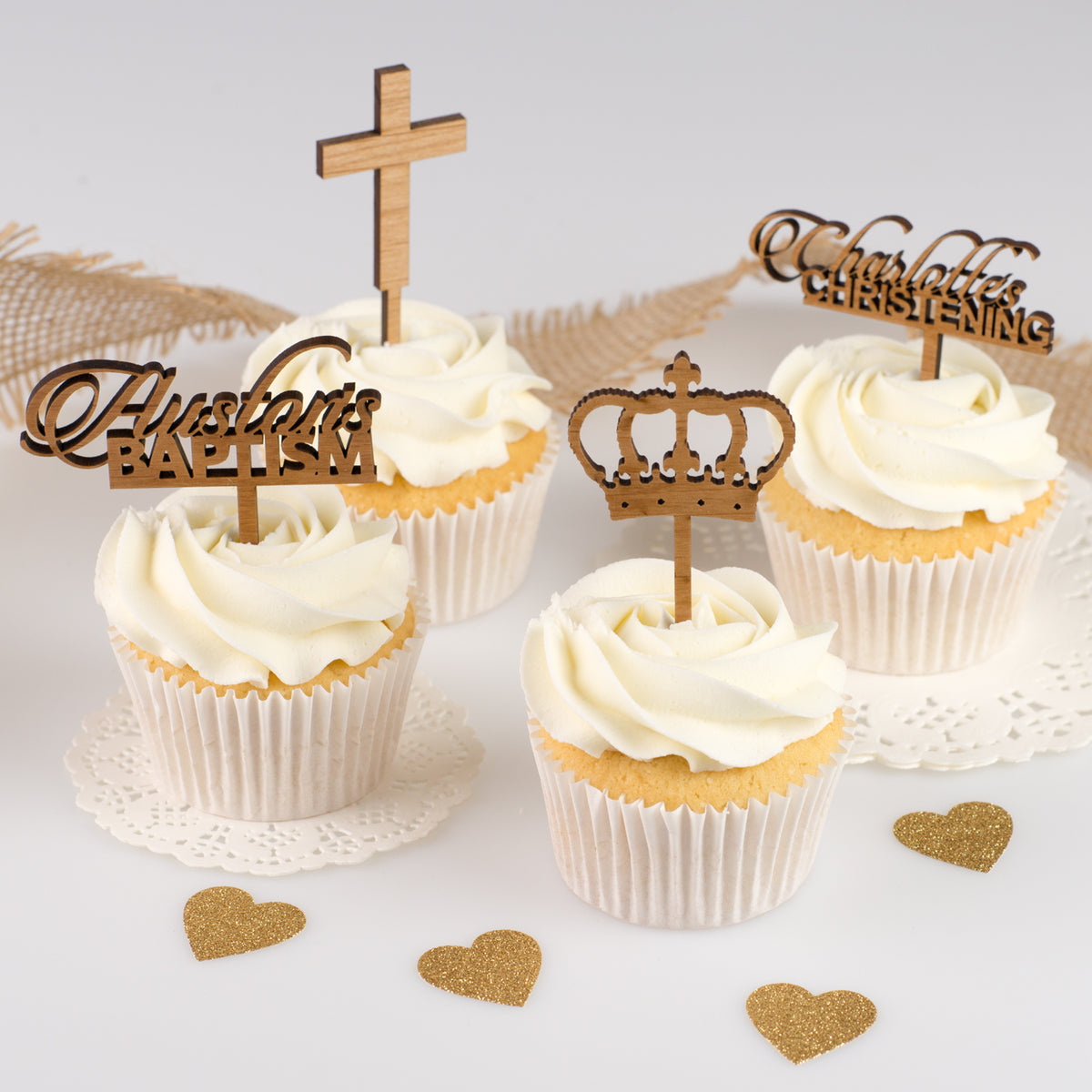 Personalised Christening Wooden Cupcake Toppers | Personalised Favours