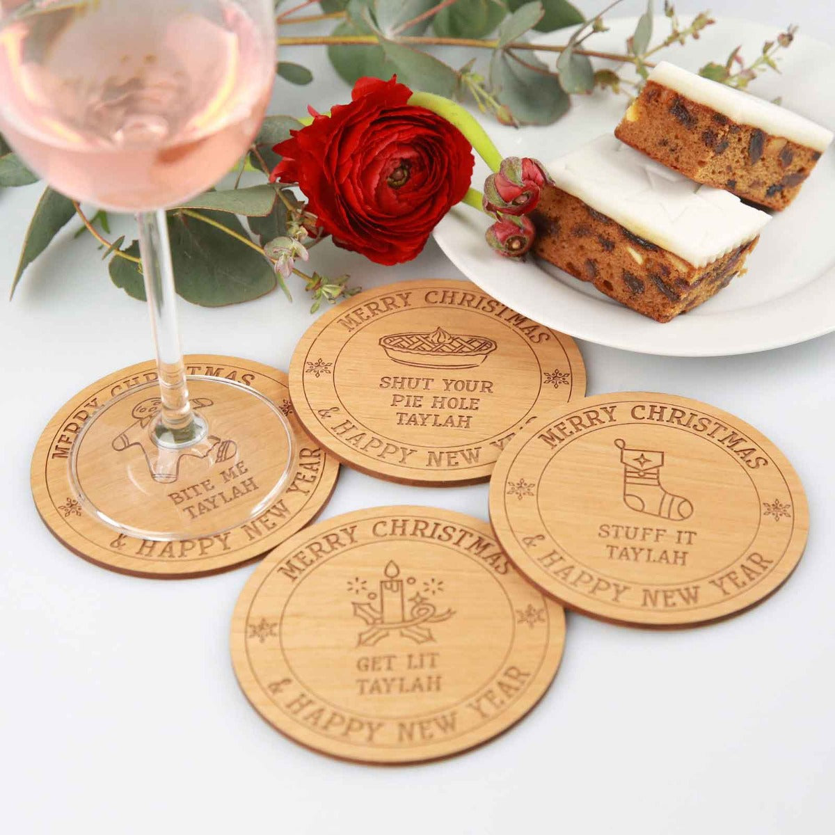 Engraved Secret Santa Christmas Wooden Coaster Set | Personalised ...