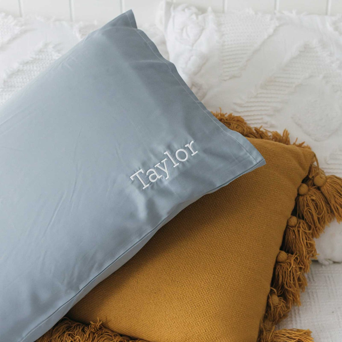 Embroidered Ice Blue Bamboo Satin Pillowcase | Personalised Favours ...
