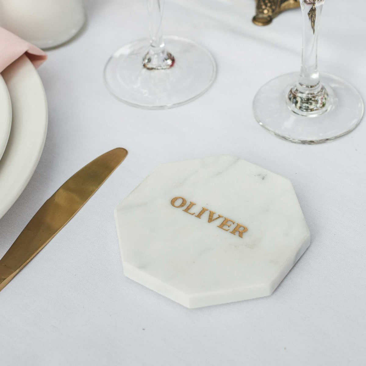 Wedding Gold Infill Engraved White Marble Coaster Place Card ...