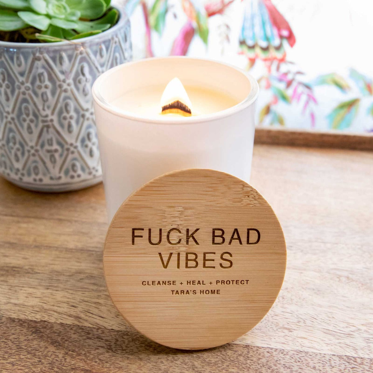 No Bad Vibes Wood Wick Soy Candle with Engraved Wooden Lid ...