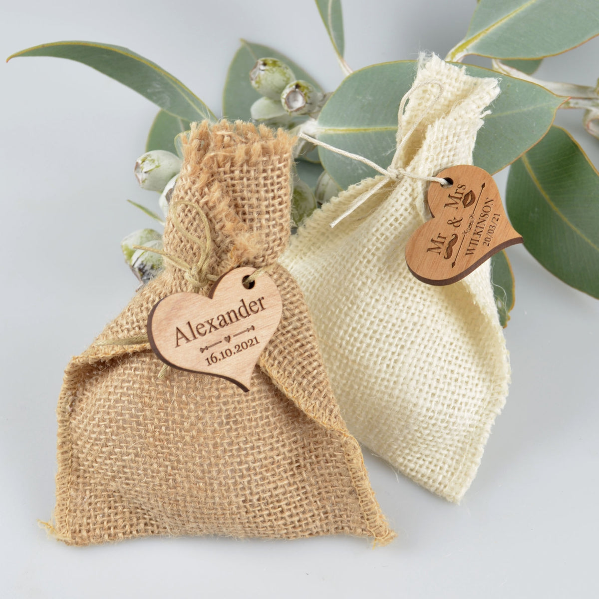 Wedding Hessian Bags with Wooden Gift Tag | Personalised Favours