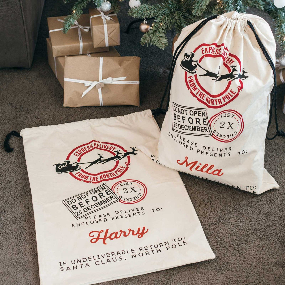 Printed Calico Christmas Santa Sack with Drawstring | Personalised Favours