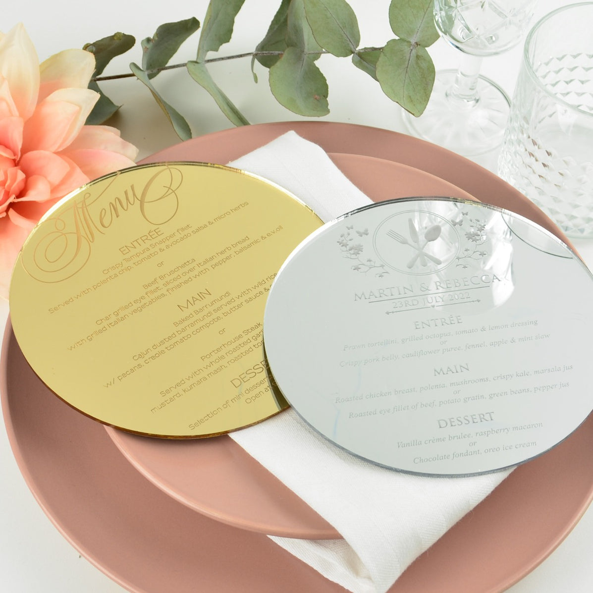 Engraved Mirror Acrylic Wedding Menus | Personalised Favours