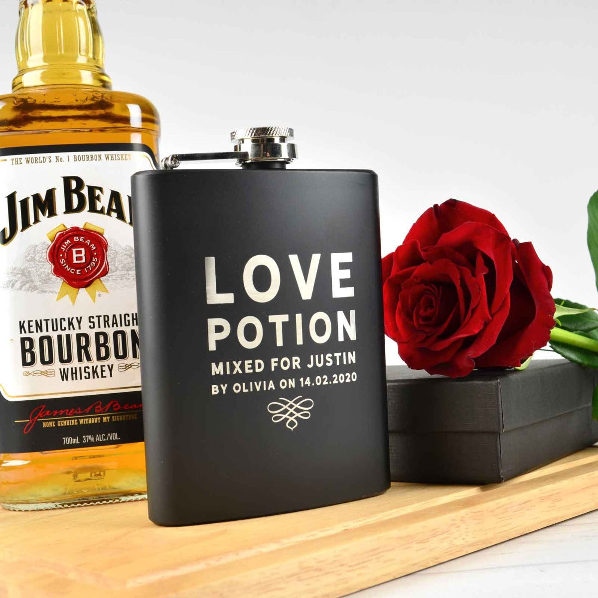 Engraved Valentine's Day Hip Flask Black| Personalised Favours