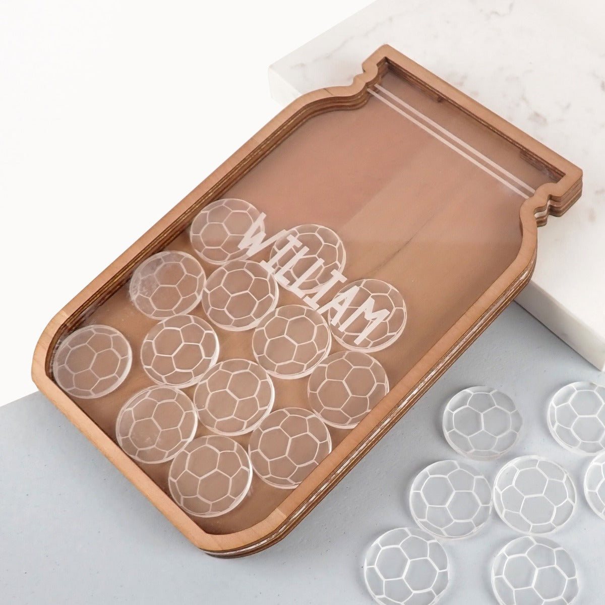 Engraved Wooden Rewards Jar with Acrylic Soccer Balls | Personalised ...